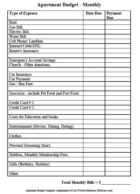 Apartment Budget Template Template Creator