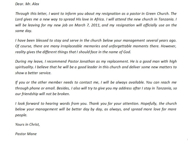 Pastor Resignation Letter and Its Sample | Template Creator