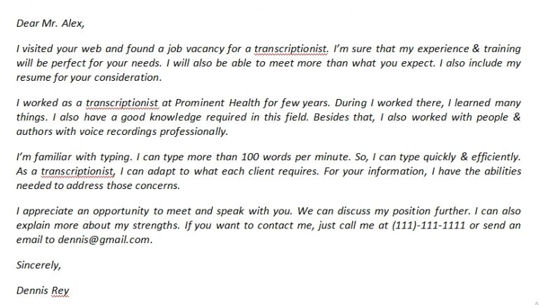 Transcriptionist Cover Letter and Its Sample | Template Creator