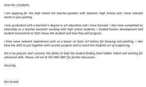 High school art teacher cover letter and the example | Template Creator